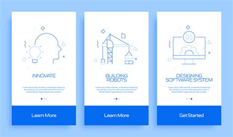 로봇 공학 개념 평면 아이콘과 모바일 앱 페이지 화면에 온보딩 Ux Ui 디자인 템플릿 벡터 일러스트레이션 0명에 대한 스톡