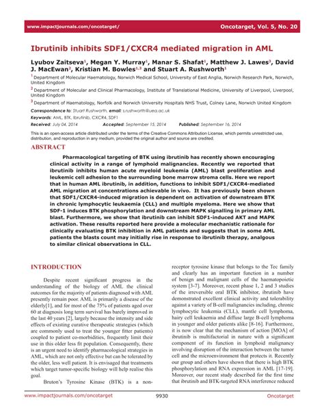 Pdf Ibrutinib Inhibits Sdf1cxcr4 Mediated Migration In Aml