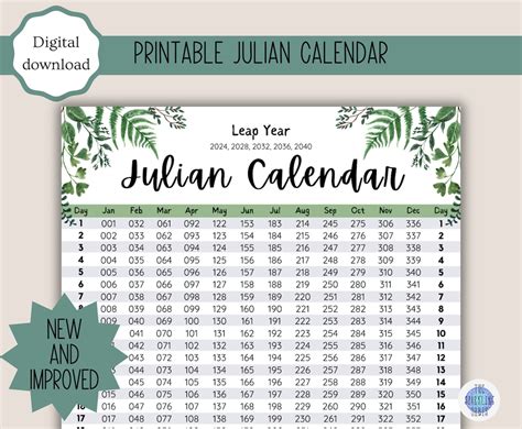 Julian Calendar Military And Government Leaf Design Digital Download Printable Pdf