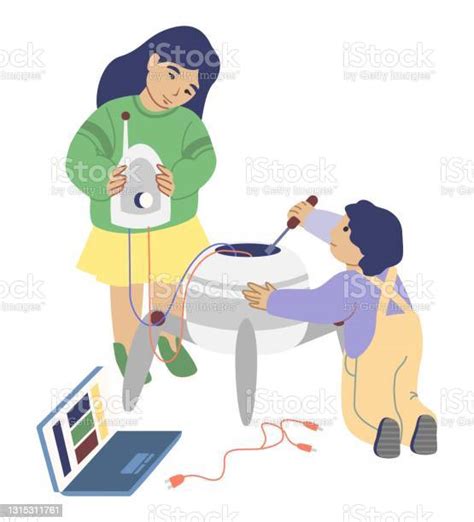 로봇 학교 귀여운 어린이 소년과 소녀 건물 로봇 평면 벡터 일러스트 키즈 로봇 공학 소녀에 대한 스톡 벡터 아트 및 기타 이미지