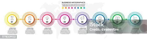 현대적이고 간단한 평면 벡터 그림입니다 8개의 원 요소 섹터 및 화살표가 있는 인포그래픽 템플릿입니다 비즈니스 프리젠테이션을 위한 설계 0명에 대한 스톡 벡터 아트 및 기타