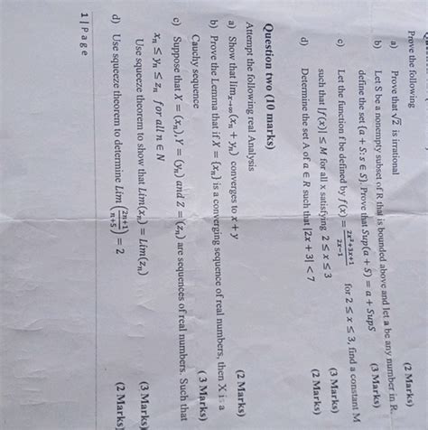 Question One 10 Marks Prove The Following A Prove That Sqrt 2 Is Irr