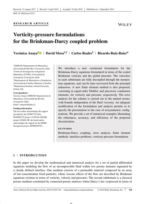 Pdf Vorticity Pressure Formulations For The Brinkman Darcy Coupled Problem