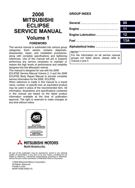 Mitsubishi Eclipse Spyder 2006 Service Repair Manual Pdf Download