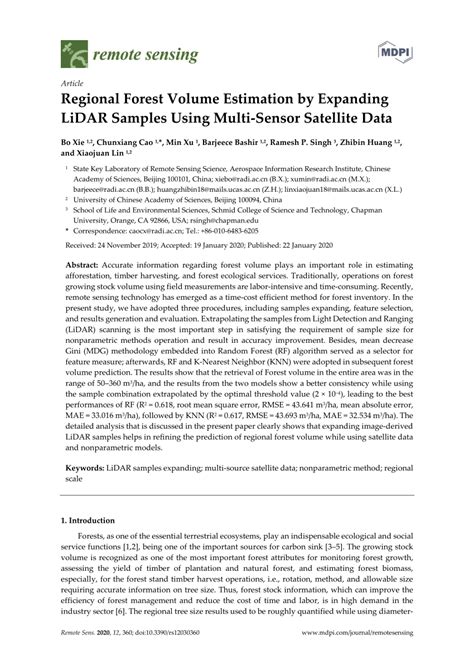Pdf Regional Forest Volume Estimation By Expanding Lidar Samples Using Multi Sensor Satellite Data