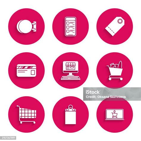 화면 컴퓨터 종이 쇼핑백 카트 노트북 및 음식 신용 카드 빈 라벨 템플릿 가격표 및 간판 걸이 아이콘에 쇼핑 건물을 설정합니다 벡터 0명에 대한 스톡 벡터 아트 및 기타