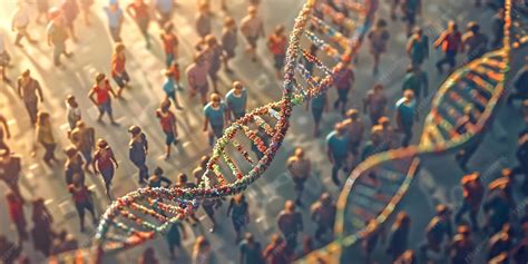 Dna Helix Art With Diverse Crowd Symbolizing Genetics And Population