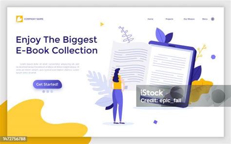 거대한 전자 책 앞에 서 있는 여자가 있는 랜딩 페이지 템플릿 전자 책 휴대용 장치 또는 독서용 가제트 디지털 리더의 개념 웹 페이지에 대 한 현대 평면 벡터 그림입니다