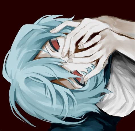 Safebooru 1girl Ayanami Rei Blue Hair Covering Own Mouth Dress Empty
