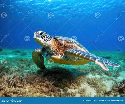 Hawaiian Green Sea Turtle Swimming In The Ocean Stock Illustration