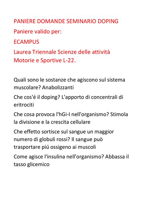 Paniere Domande Seminario Doping Panieri Di Scienze Motorie Docsity
