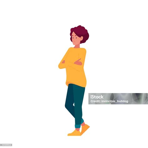 화가 나거나 화난 여성 캐릭터는 가슴에 교차 손을 대고 서서 강렬한 좌절과 분노를 표현합니다 개념에 대한 스톡 벡터 아트 및