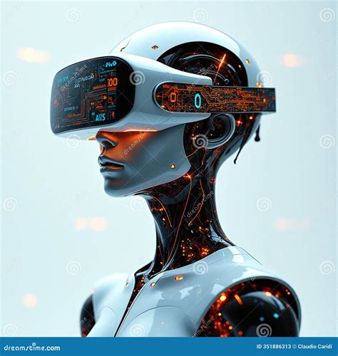 Female Robot Model Wearing A Futuristic Virtual Reality Headset Stock Illustration