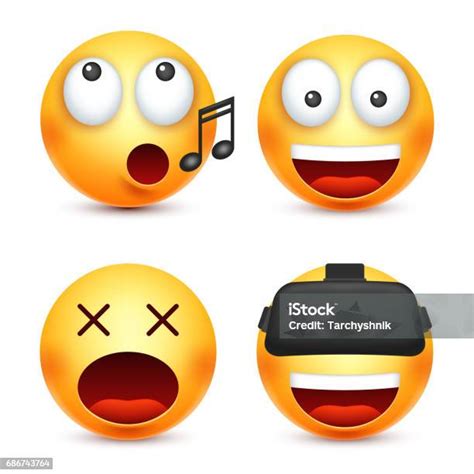 웃는 얼굴 웃는 이모티콘 감정이 있는 노란 얼굴 얼굴 표정 3d 현실적인 이모티콘 재미있는 만화 캐릭터 기분 웹 아이콘입니다 벡터 일러스트레이션 개체 그룹에 대한 스톡 벡터