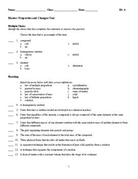 Chemistry Matter Properties And Changes Test Tpt