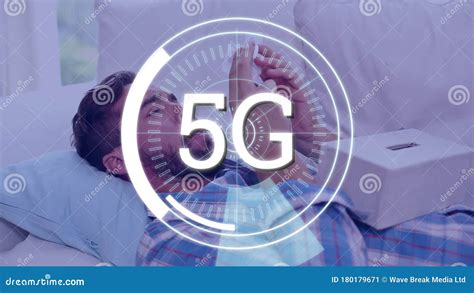 Animation Of 5G Written With Scope Scanning Over Sick Man Lying In Bed