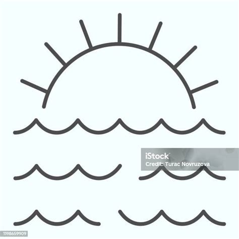 일몰 얇은 선 아이콘입니다 태양과 바다 파도 벡터 그림 흰색에 격리 일출 개요 스타일 디자인 웹 및 응용 프로그램을 위해 설계 Eps 10 0명에 대한 스톡 벡터 아트 및