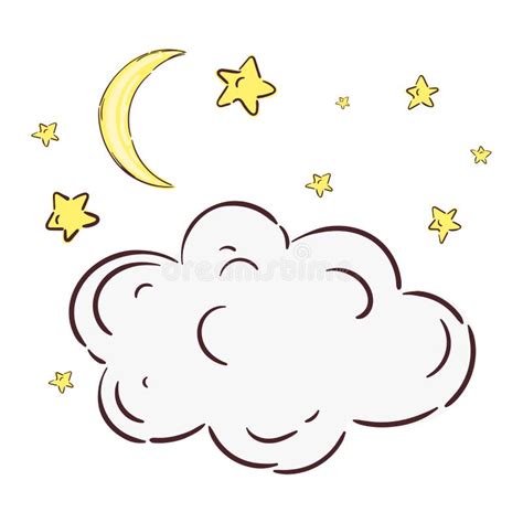 Hand Drawn Vector Illustration Good Night With Sleeping Moon Stars