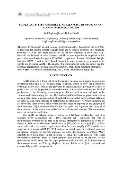 Pdf Simple And U Type Assembly Line Balancing By Using An Ant Colony Based Algorithm