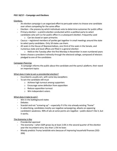 Psci 1017 Lecture Notes Psci 1017 Campaign And Elections