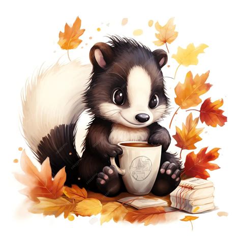 Premium Ai Image Skunk With Book And Mug In Autumn Woodland