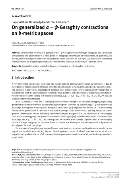 Pdf On Generalized α ψ Geraghty Contractions On B Metric Spaces