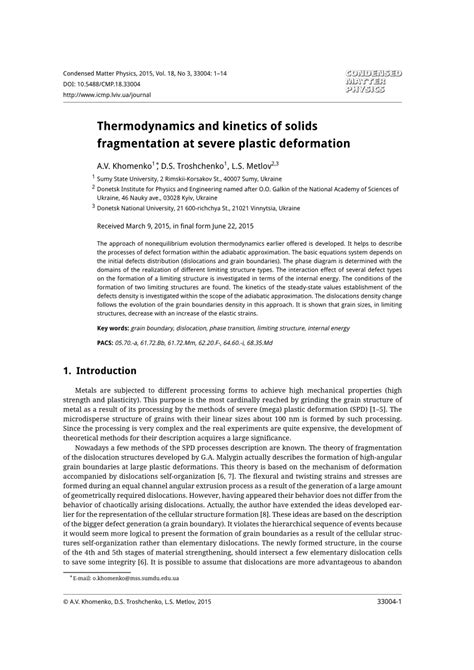 Pdf Thermodynamics And Kinetics Of Solids Fragmentation At Severe Plastic Deformation