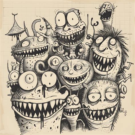 A Monochrome Drawing Of Smiling Monsters With Big Grins On Their Humanoid Faces Stock Image
