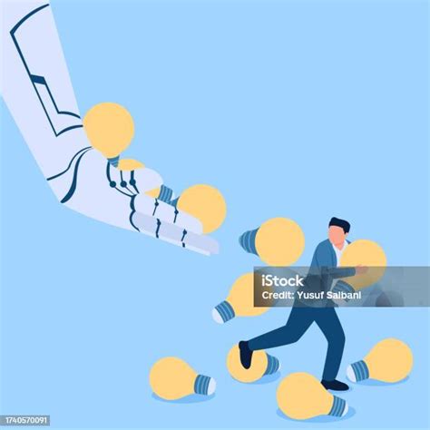 지능의 로봇 손은 많은 아이디어 조명을 흩뿌리고 사람들은 인공 지능과의 경쟁에 대한 은유인 두려움에 도망칩니다 플랫 개념