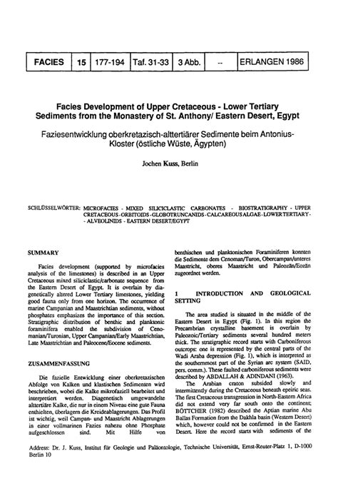 Pdf Facies Development Of Upper Cretaceous—lower Tertiary Sediments From The Monastery Of St