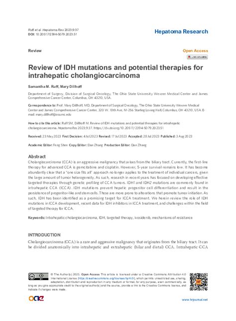 Pdf Review Of Idh Mutations And Potential Therapies For Intrahepatic Cholangiocarcinoma