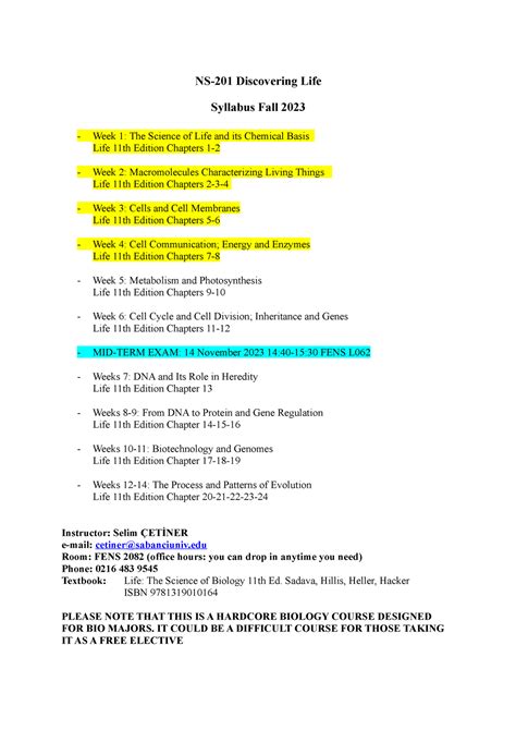 Ns 201 Syllabus Fall 2023 Ns 201 Discovering Life Syllabus Fall 2023