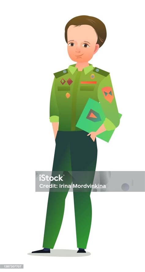 배지와 스카우트 유니폼을 입고 예쁜 작은 소년 쾌활한 사람 스탠딩 포즈 만화 스타일의 만화 플랫 디자인 단일 문자입니다 흰색 배경에 격리된 그림입니다 벡터 개념에 대한 스톡