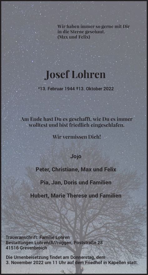 Alle Traueranzeigen Für Josef Lohren Trauer Rp Online De