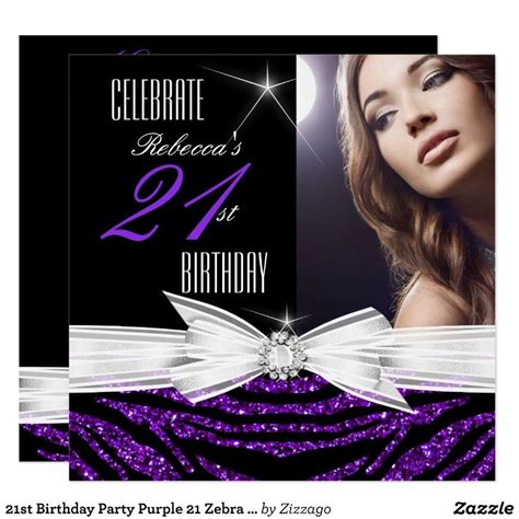 21st Birthday Party Purple 21 Zebra Photo 3 Invitation Zazzle