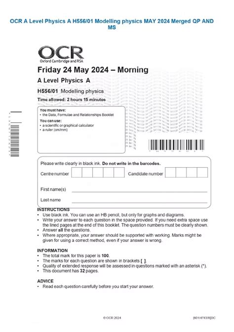 OCR A Level Physics A H556 01 Modelling Physics MAY 2024 Merged QP AND MS OCR A AS LEVEL