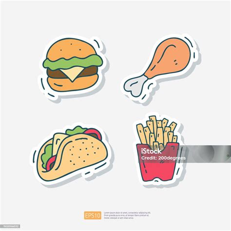 치즈 버거 번 프라이드 치킨 또띠아 타코 감자 감자 튀김 낙서 아이콘 패스트 푸드 귀여운 낙서 요리와 음료 스티커 세트 벡터 일러스트레이션 타코에 대한 스톡 벡터 아트 및