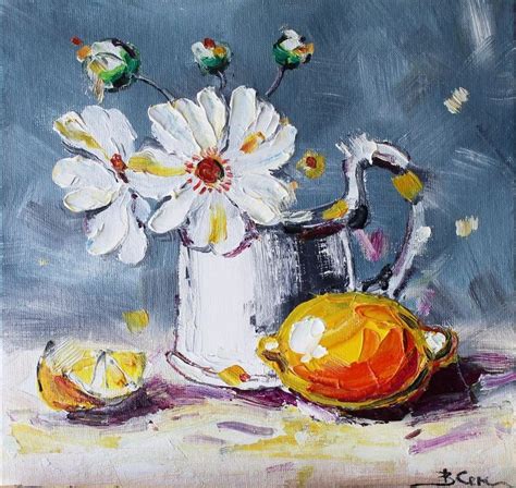 Anémones blanches florales peinture à lhuile de citron Nature morte à