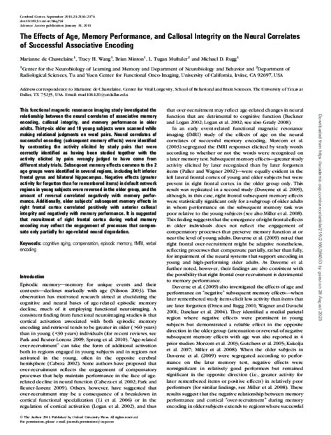 pdf the effects of age memory performance and callosal integrity on