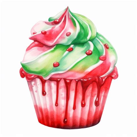 Premium AI Image Painting Of A Cupcake With Green And Red Icing And