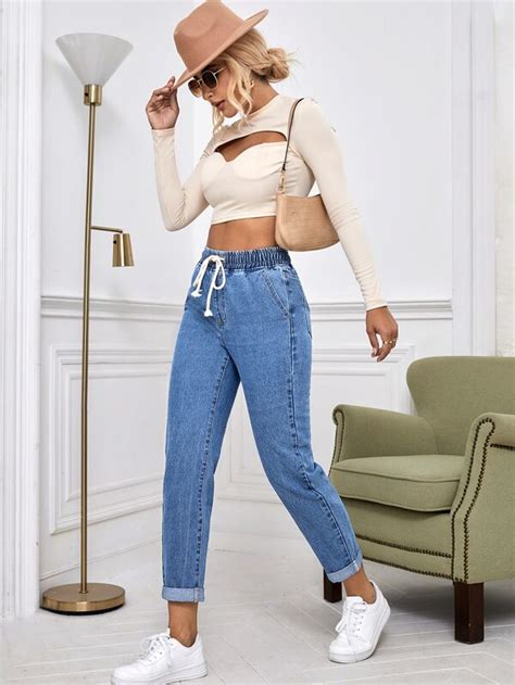 Shein Essnce Drawstring Waist Roll Hem Mom Fit Jeans Shein Usa