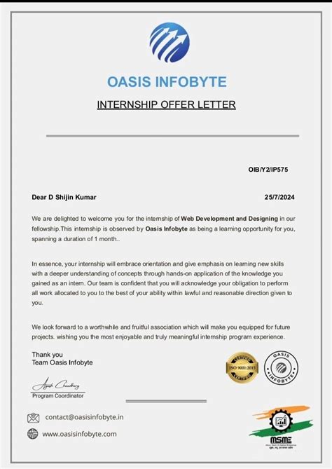 Internship Webdevelopment Oasisinfobyte Careeropportunity Shijin Kumar