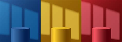 벽에 창문에서 그림자가 있는 가벼운 연단 빨강 노랑 파랑 색깔의 실린더 스탠드 받침대의 세트와 추상적인 빈 방 쇼케이스를 위한 벡터 단계 디스플레이 프레젠테이션 스튜디오 룸