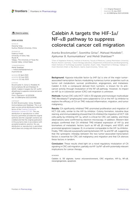 Pdf Calebin A Targets The Hif 1α Nf κb Pathway To Suppress