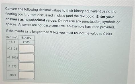 Solved Convert The Following Decimal Values To Their Binary Chegg