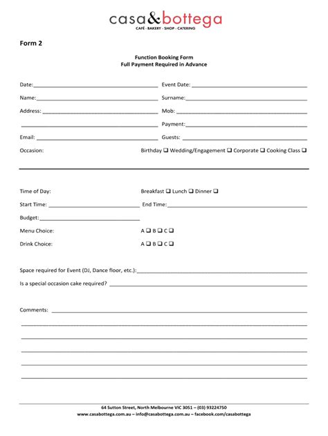 Fillable Online Form 2 Function Booking Form Full Payment Required In