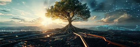 A World Tree With Roots Made Of Cables And Pipes Connecting Continents
