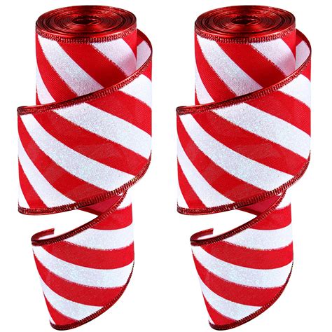 Waydress 2 Rolls Christmas Peppermint Stripe Ribbon Glitter