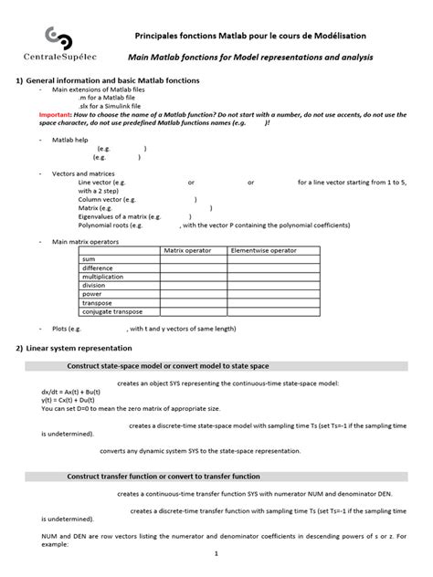 Doc Matlab Modelisation Pdf Matrix Mathematics Matlab