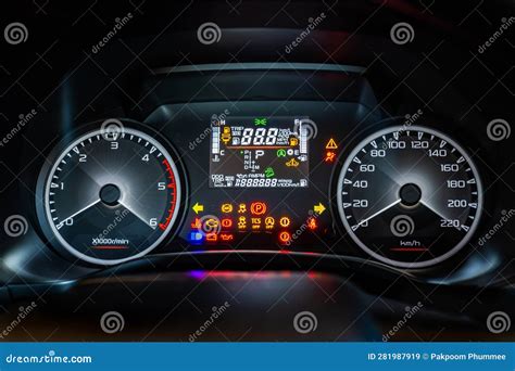 Modern Car Instrument Dashboard Panel With Digital And Analog Screen Or Speedometer And Full